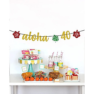 Aloha 40 Banner, Tropic Hawaiian 40th Birthday Decorations, Aloha Party Decoration, Luau Party Supplies, Tropical Theme Summer Beach Pool Party Decorations, Luau 40th Birthday Party Supply Gold Green Red Glitter