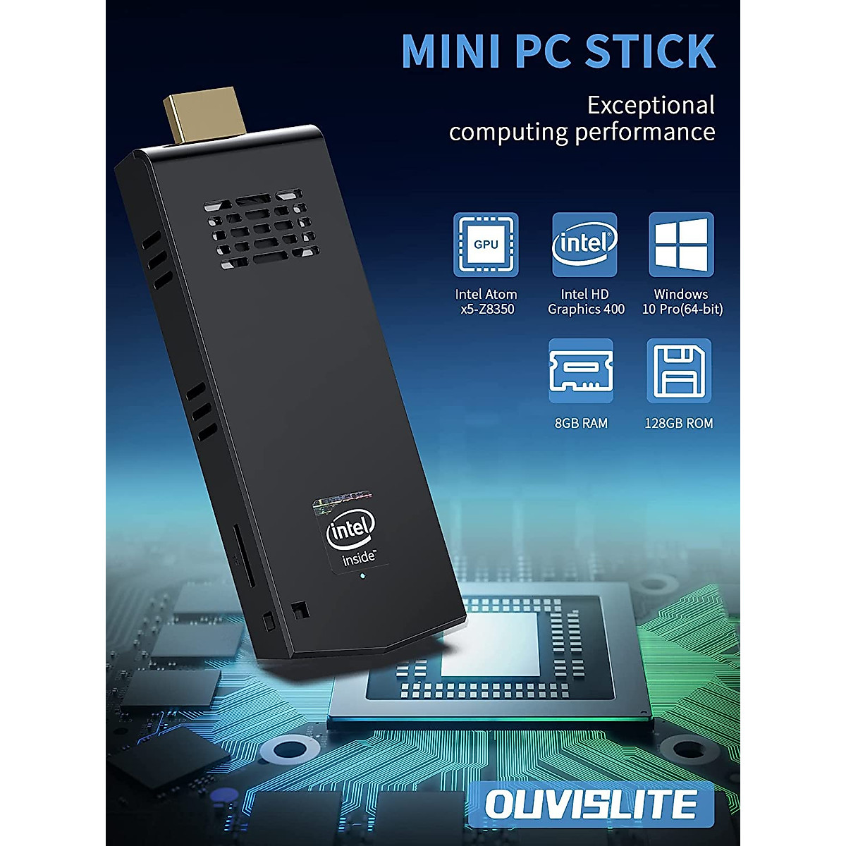 OUVISLITE Mini PC, Mini PC Stick 8GB RAM 128G ROM Atom X5-Z8350 Mini Computer Stick Win 10 Pro PC Stick 4K HDMI 2.4G / 5G WiFi Bluetooth 4.2 Auto Power On Business Office Home Theater