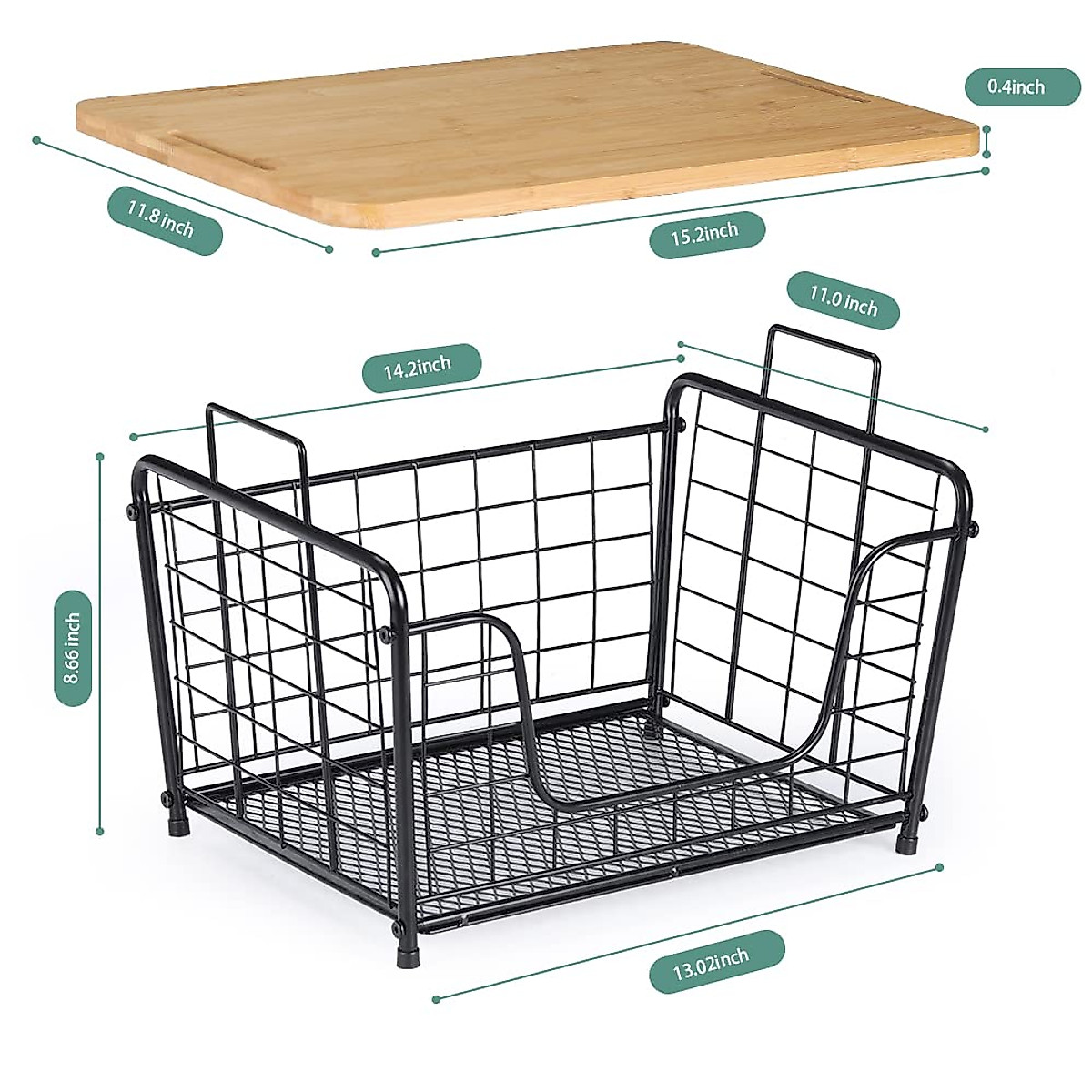 HEOMU Countertop Basket for Kitchen, Bread Vegetable Fruit Organizer Bin With Bamboo Lid, Metal Rectangular Wire Basket for Pantry Cabinet