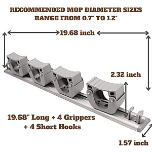 U.S. Solid Mop and Broom Holder, Wall Mounted, 4 Sliding Grippers & 4 Hooks, Garden Tool Organizer, Organize Kitchen, Garage, Laundry, Storage Rooms, 19.6 Inches