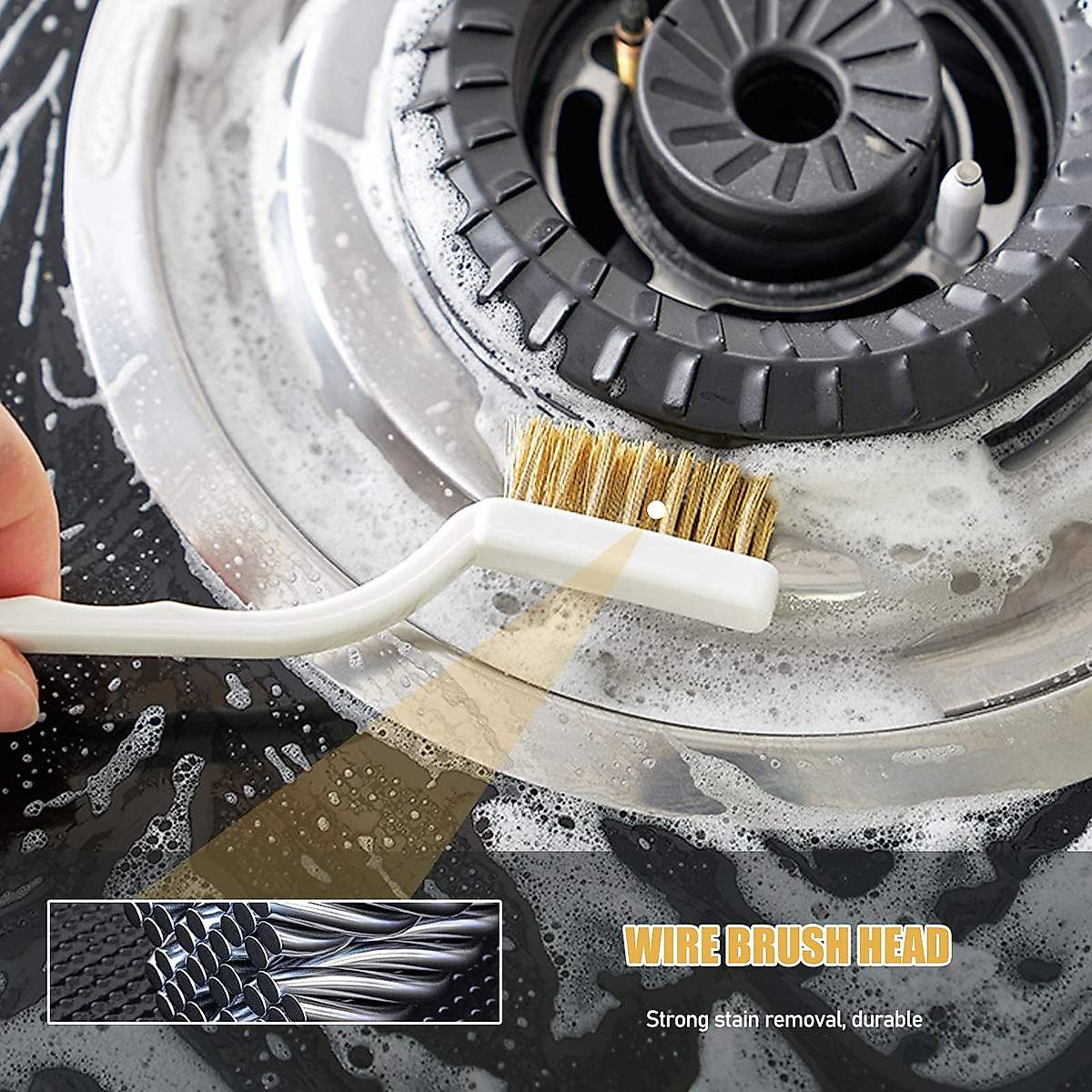 ORIJOYNA Set of 3 Kitchen Cleaning Scrubbers - Wire Brush (Stainless Steel + Brass + Nylon) for Range Hood Grease, Grime and Rust