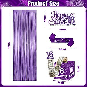 cocomigo 140pcs Sweet 16 Birthday Decorations for Girls, Purple Sweet 16 Party Decorations include Banner Light Balloons Tiara Sash Caketopper Guest Book Money Pull Box tablecloth Foil Fringe Curtain