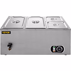 VEVOR 110V Commercial Food Warmer, 4-Pan Stainless Steel Bain Marie 14.8 Qt Capacity,1500W Steam Table 15cm/6inch Deep, Electric Soup Warmer