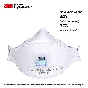 3M Aura Particulate Respirator 9211+, N95, Pack of 10 Disposable Respirators, Individually Wrapped, Cool Flow Valve, Flat Fold Design Allows for Facial Movement, NIOSH Approved, Comfort Plus, Dust