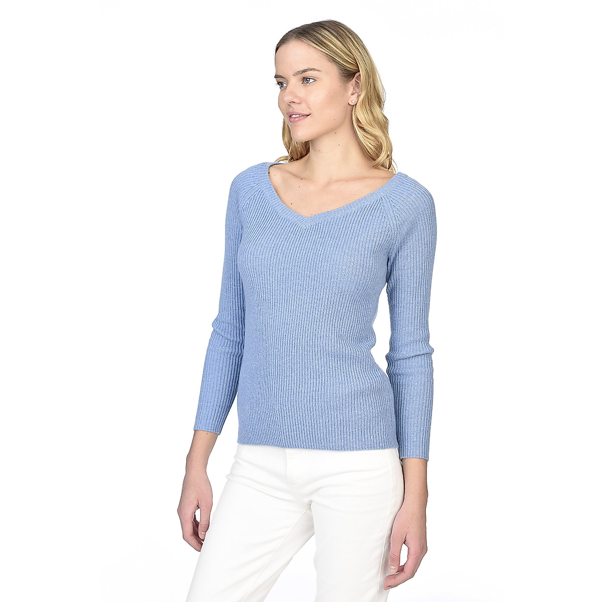 State Cashmere Women’s Easy V-Neck Ribbed Sweater 100% Pure Cashmere 3/4 Sleeve Pullover (Bella Blue, Large)