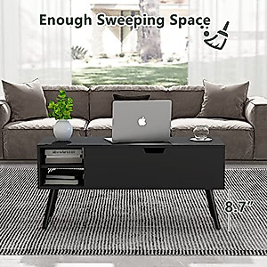 CLIKUUTORY Modern Black Lift Top Coffee Table with Hidden Compartment and Adjustable Storage Shelf, Mid Century Rustic Dining Table with Wood Legs for Home, Living Room, Office