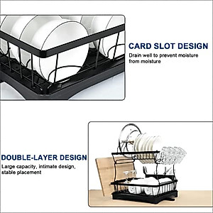 gretuld Dish Drying Rack,2 Tier Detachable Dish Drying Rack with Drainboard Set for Kitchen Counter,Black Metal Dish Rack with Wine Glass Holder and Utensils Holder