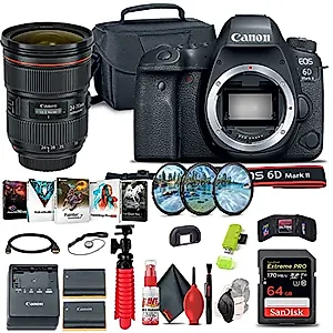 Canon EOS 6D Mark II DSLR Camera (Body Only) (1897C002) + Canon EF 24-70mm Lens + 64GB Memory Card + Case + Filter Kit + Corel Photo Software + LPE6 Battery + Flex Tripod + More (Renewed)