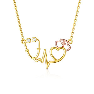 Rikelus 14K Gold Stethoscope Necklace for Women,Real Gold Nurse Doctor Pendant Necklace Jewelry Gifts for Medical Students RN Nurse 16+1+1 inch