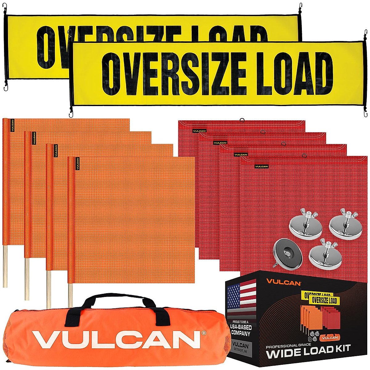 VULCAN Flags, Oversize Load Banners, and Magnets Kit - Includes 2 Stretch Cord Oversize Load Banners, 4 Magnets, 4 Red Flags, 4 Orange Flags, and A High-Viz Vented Storage Bag
