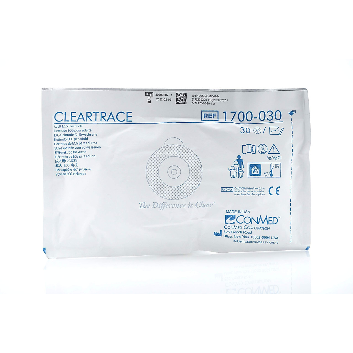 ConMed 1700-030 Cleartrace Adult ECG Electrodes, General Purpose Tape, 20" x 30" Size, Pack of 600