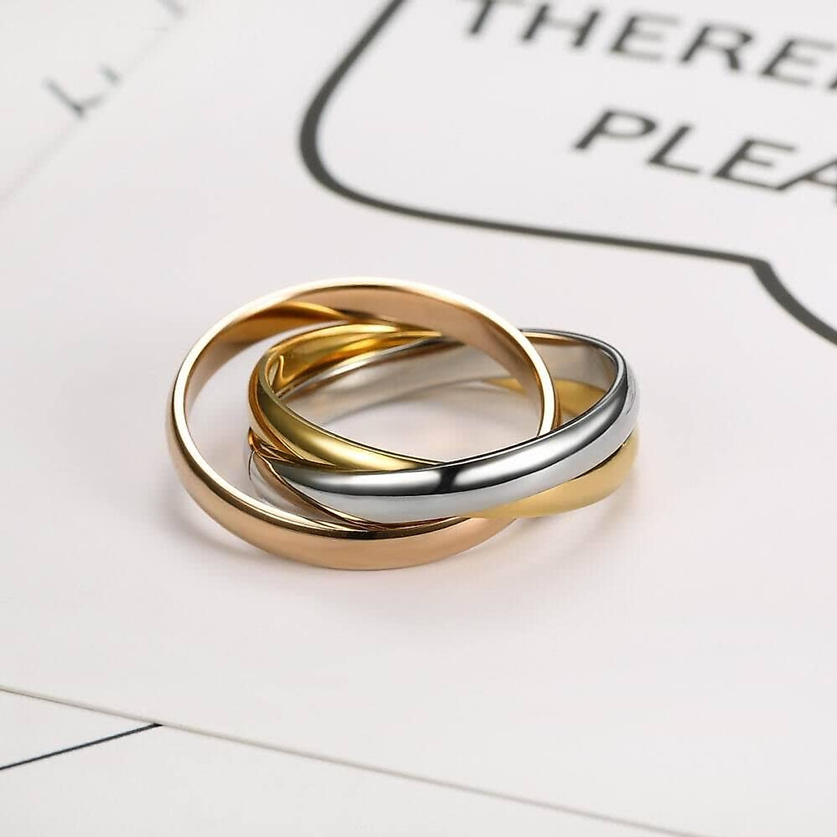 Naivo Tri-Color Gold Plated Interlocked Rolling Bands Ring Women's (ring size 9#)