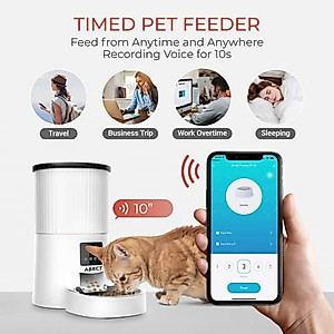 ABRCT Camera Automatic Cat Feeder, Voice and 1080HD Video Recording Cat Food Dispenser, Timed Cat Feeder with Desiccant Bag, Smart Cat Pet Feeder with Dual Power Supply (White)