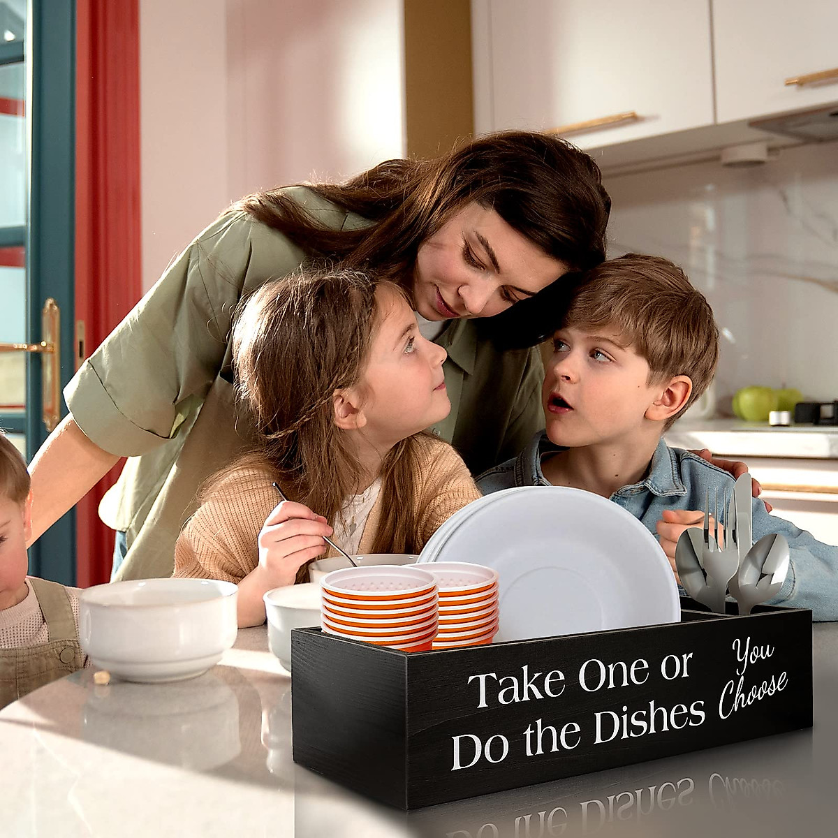 Kitchen Countertop Paper Plate Holder - Wooden Paper Plate Organizer Box Disposable Dish Holder for Wedding,Party,BBQ, Rustic Farmhouse Utensil Caddy for Cups,Forks,Spoons,Plates,Napkins,Condiments