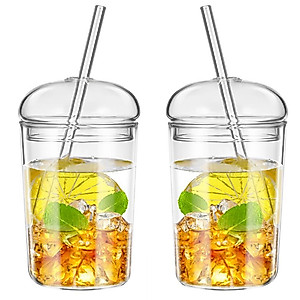 2 Pcs set Glass Cups with Lids and Straws 16oz - Coffee Ice Tea Water Boba Tea Smoothie Cocktail Reusable Clear Glass Drinking Cup with Dome Lid and Glass Straw - Hot & Cold Dishwasher safe