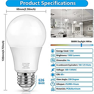 MAXvolador A19 LED Light Bulbs, 100 Watt Equivalent LED Bulbs, Daylight 5000K, 1500 Lumens, E26 Standard Base, Non-Dimmable, 13W Bright White LED Bulbs for Bedroom Living Room Home Office, 4-Pack