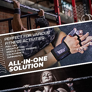 JerkFit WODies Black 3 Hole Gymnastics Grips with Wrist Support (Large) - Latex Free Elastic Pull Up Grip for Cross Training, WODs, Weightlifting - Workout Grips for Men and Women for Palm Protection