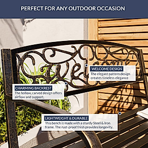 BELLEZE Outdoor Bench, 50-inch Patio Garden Bench, Cast Iron Metal Loveseat Chairs, for Park, Porch, Lawn, Balcony, Backyard, Garden Accessories, Welcome Design, Bronze