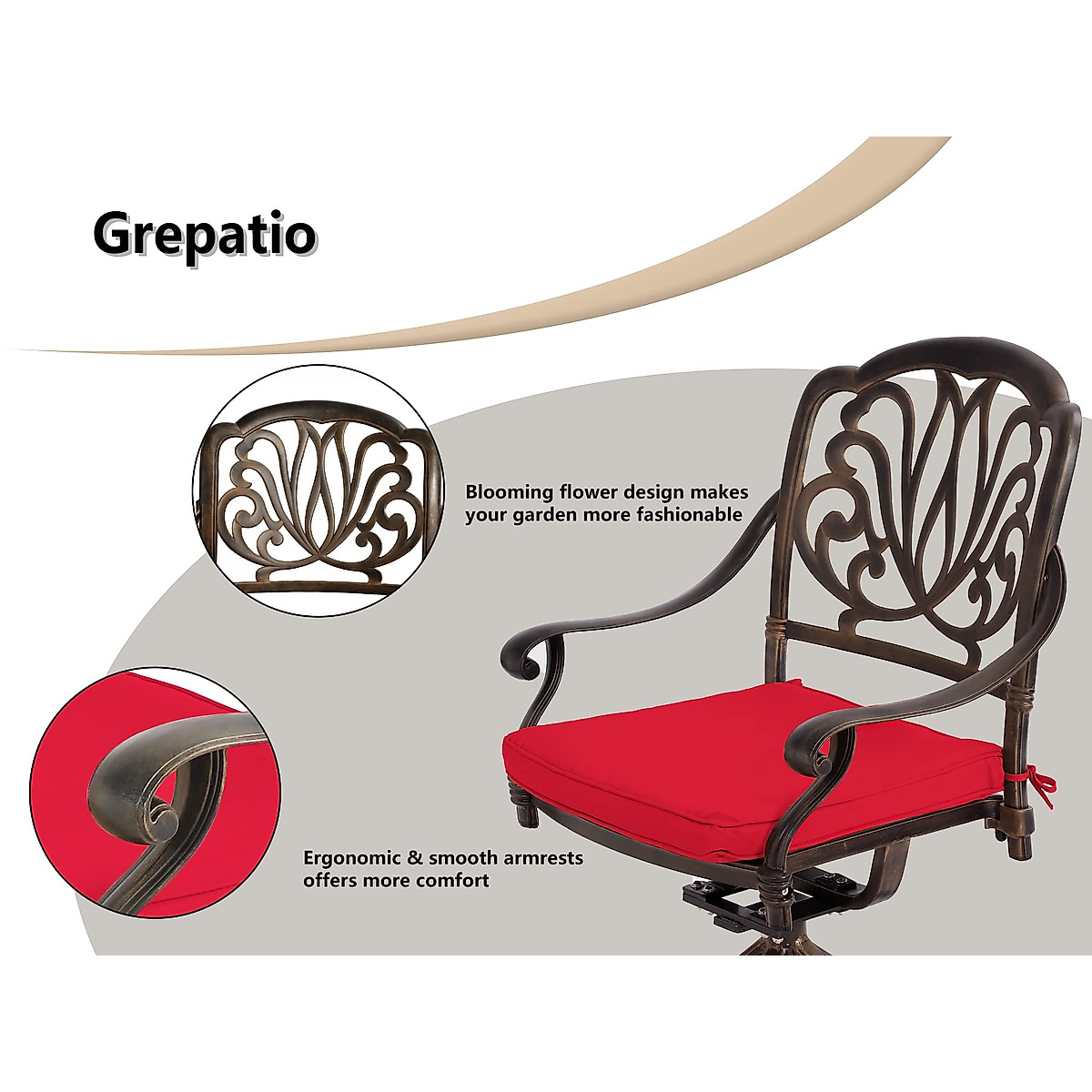 Grepatio 5 Piece Outdoor Dining Set Cast Aluminum Patio Dining Set Table and Chairs Outside Furniture 4 Swivel Chairs with Cushion and 1 Umbrella Round Dining Table for Lawn Garden Patio (Red)