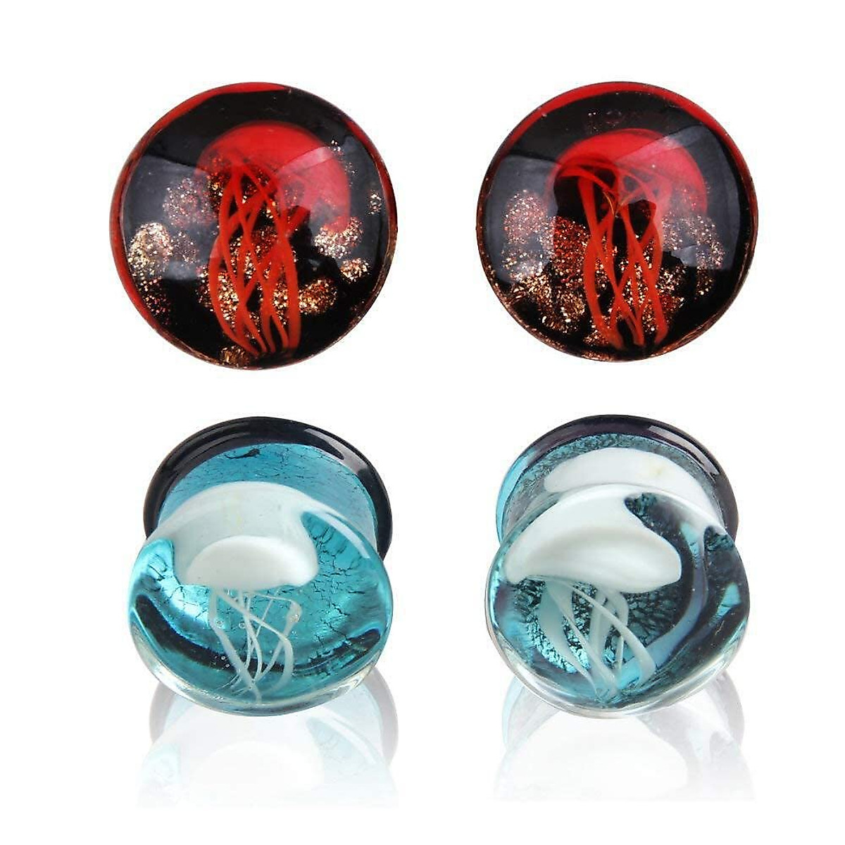 Glass Ocean Jellyfish Ear Plugs Gauges Tunnel Expanders Stretcher Unique Earrings Double Flared Piercings Body Jewelry Blue Red Set (0g(8mm))