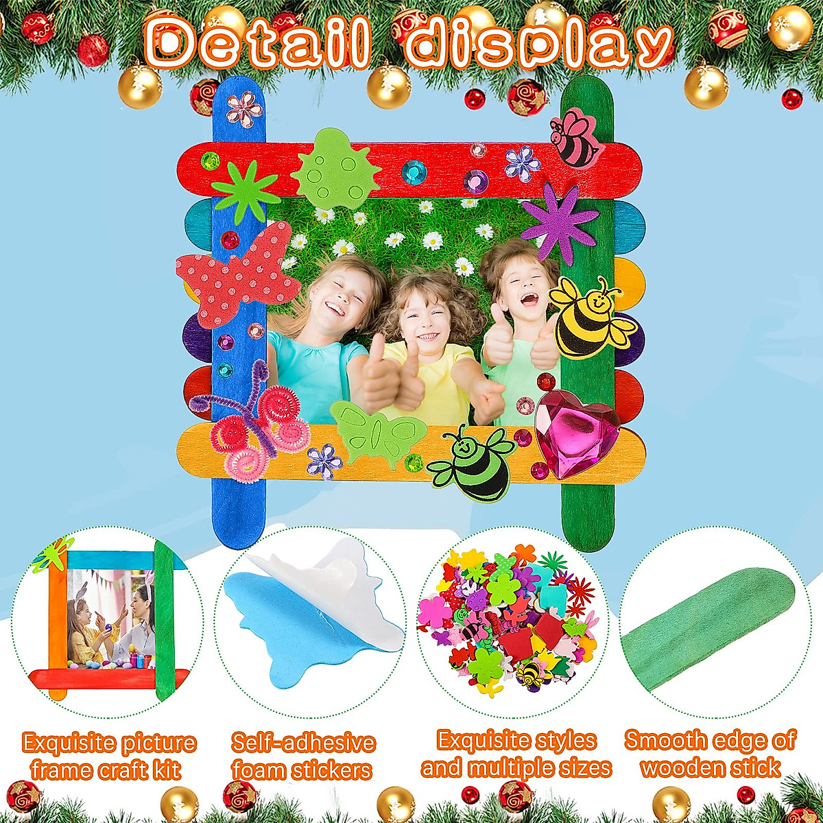 Gersoniel Picture 212 Pcs Frame Craft Kits for Kids Art DIY Photo Kit Include 100 Chenille Stems 2 Sheet Gems Stickers 50 Colored Craft Sticks 50 Foam Stickers for Party Favor Classroom(Spring Style)