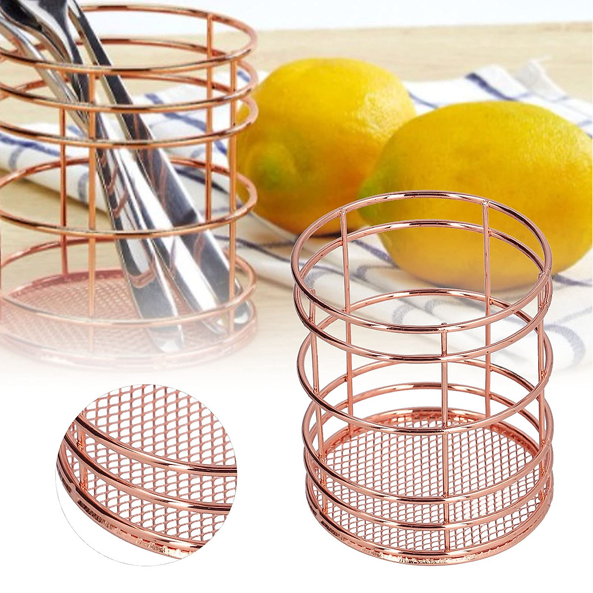 BORDSTRACT Small Wire Utensil Holder, 11x9x9cm Metal Round Pen Holder, Make Up Brush Holder Desk Cutlery Chopsticks Organizer for Kitchen Counter Home Office(Rose Gold)