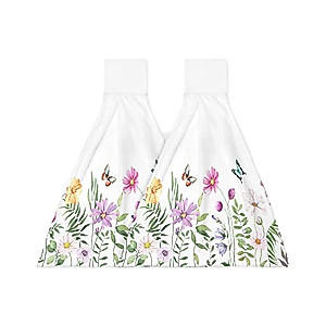 Spring Blossom Flowers and Butterfly Hanging Kitchen Towels Soft Absorbent Hand Tie Towels Set with Hook&Loop,Botanical Plants on White Tea Bar Dish Cloths Towel for Bathroom Laundry Room BBQ,2pc