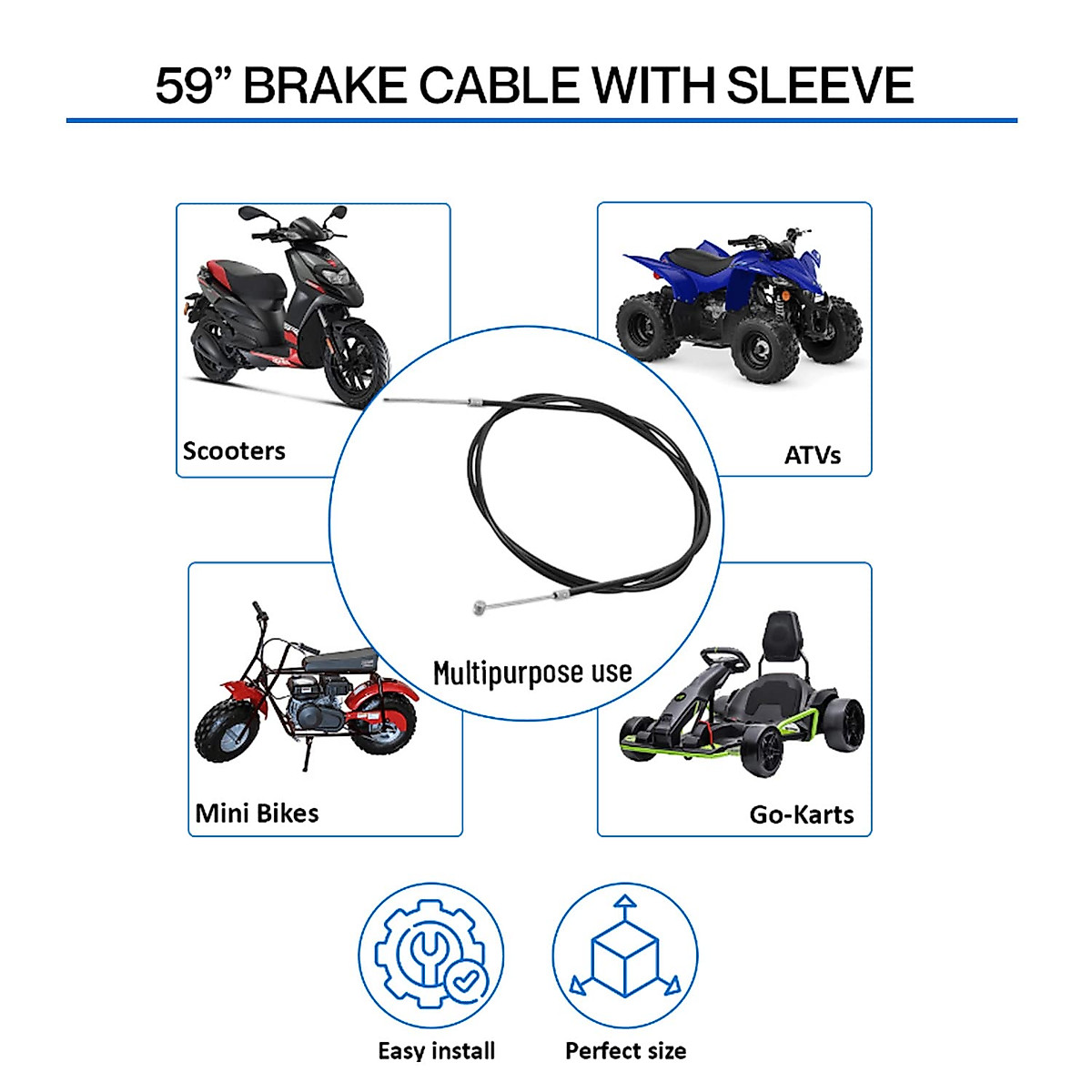 AlveyTech 59" Brake Cable with Sleeve - Replacement fits Motovox MBX10, MBX11, 79cc Mini Gas Bikes, Electric Scooter, ATV, Go-Kart, Front Adult Bike Accessories, Mountain/Road Bicycle, Universal Wire