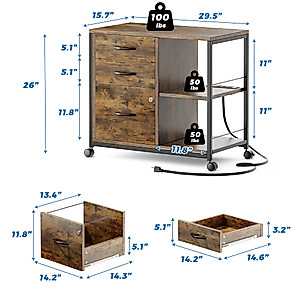 Himusi 3 Drawer Wood File Cabinet with Socket and USB Charging Ports for Home Office, Rolling Lateral Filing Cabinet with Locking Drawer for A4/Letter Size, Printer Stand with Storage, Rustic