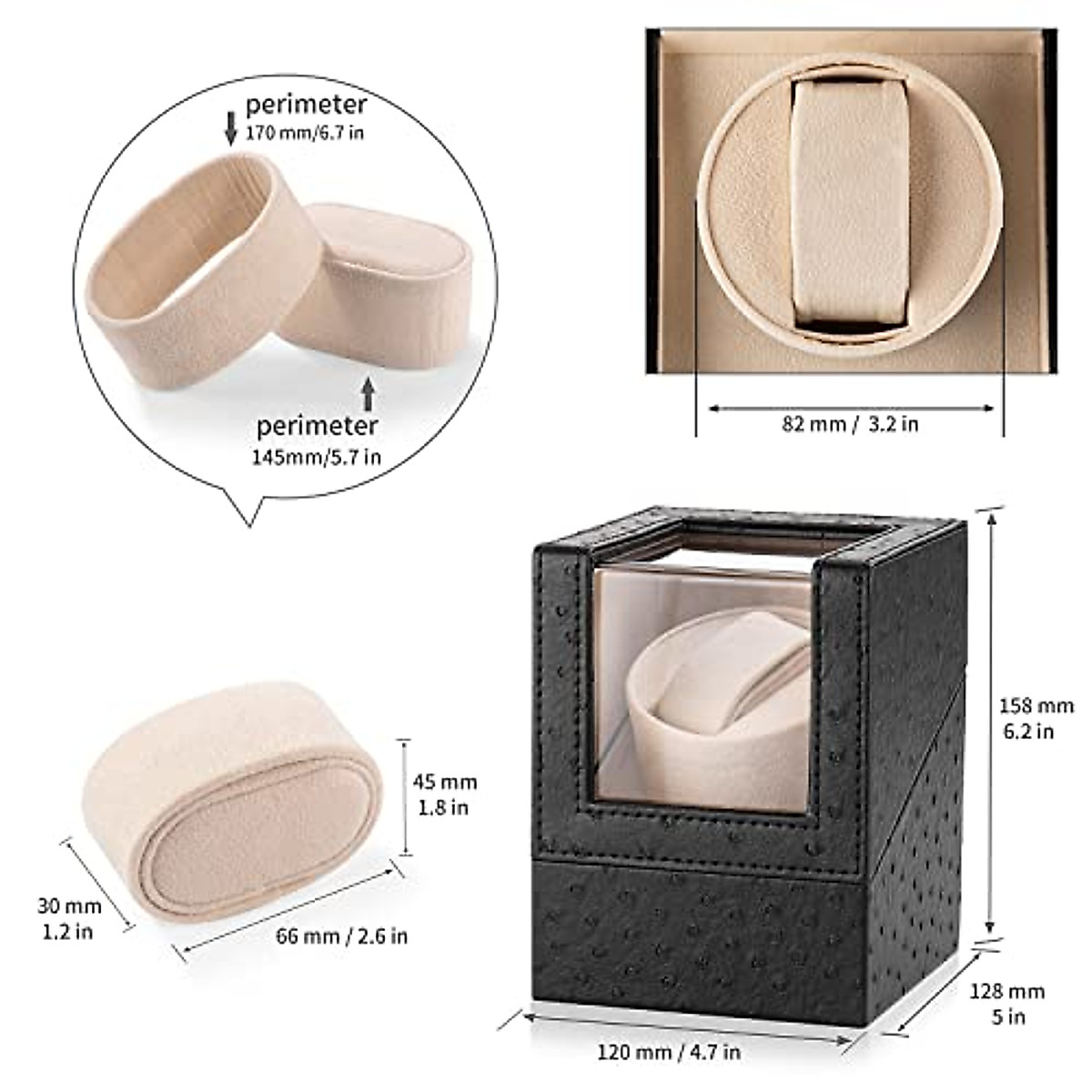 Efaithtek Automatic Single Watch Winder in Black Ostrich Pattern Leather with Japanese Quiet Motor，AC Adapter or Battery Powered