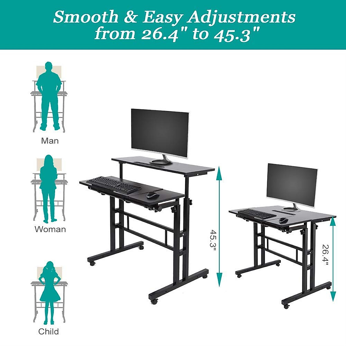 Ejoyous Height Adjustable Stand Up Desk, Mobile Standing Desk Sit to Stand Computer Desk Laptop Table Workstation with Rolling Wheels for Home Office