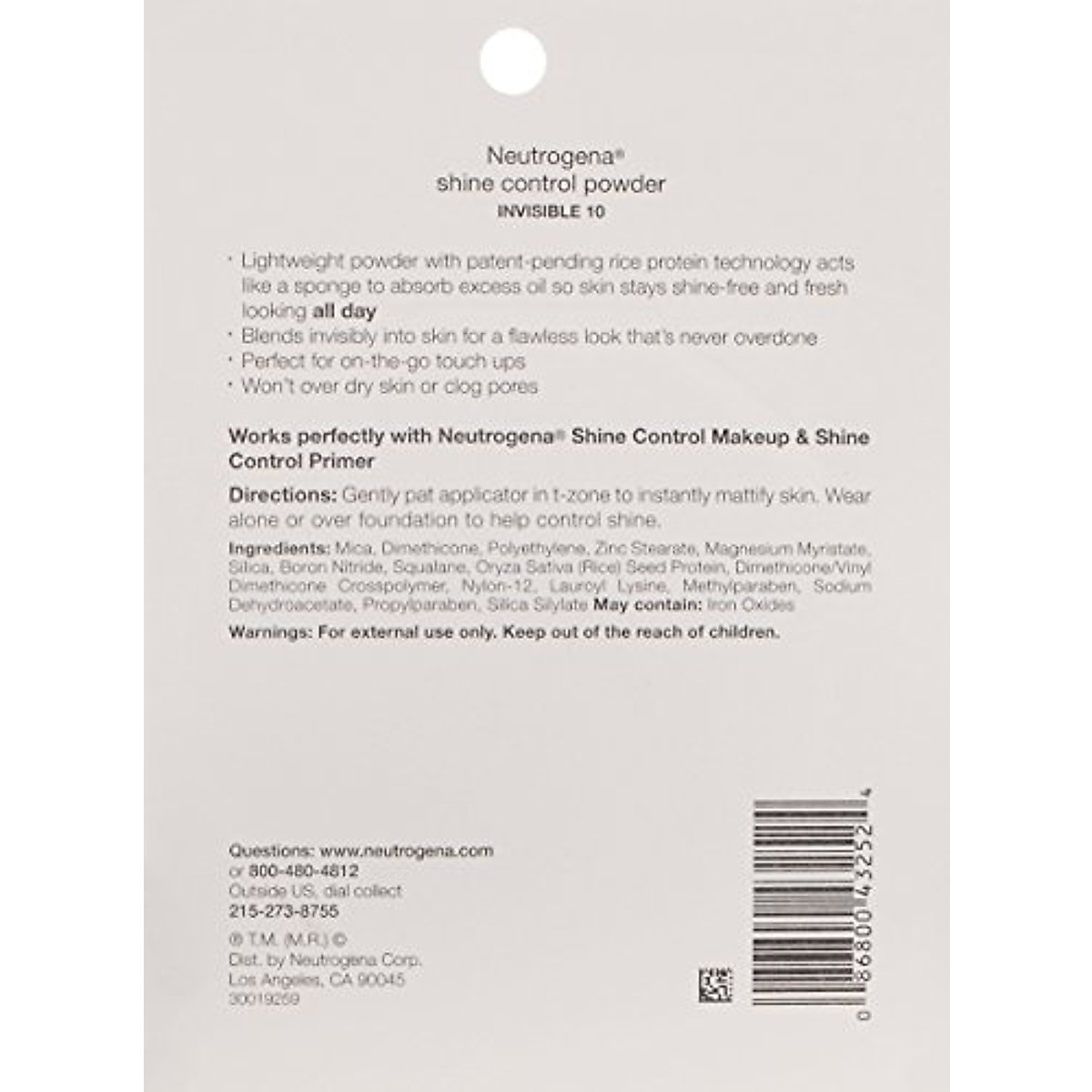 Neutrogena Shine Control Mattifying Face Powder for Oily or Combination Skin, Lightweight & Oil-Absorbing Powder with Rice Protein, Compact with Application Sponge, Invisible 10,.37 oz.