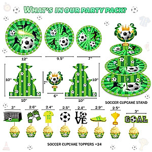 25 PCs Soccer Cupcake Stand 3-Tier and Soccer Cupcake Topper Set, Fiesec Soccer Theme Party Supplies Cardboard Dessert Tower Holder Round Serving Stand Holder Sports Ball
