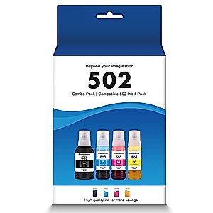 T502 502 Ink Ultra-high Capacity Refill Ink Bottle Color Combo Pack for Epson ET-2850 ET-3830 ET-3850 ET-2760 ET-3760 ET-15000 Printer (4 Pack)