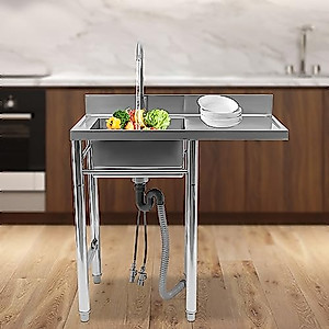 1 Compartment Stainless Steel Kitchen Sink，Free Standing Single Bowl Commercial Sink，for Outdoor Indoor, Kitchen,Garage, Restaurant,Laundry/Utility Room(35.4" W x 21.2" D x 39.3" H)