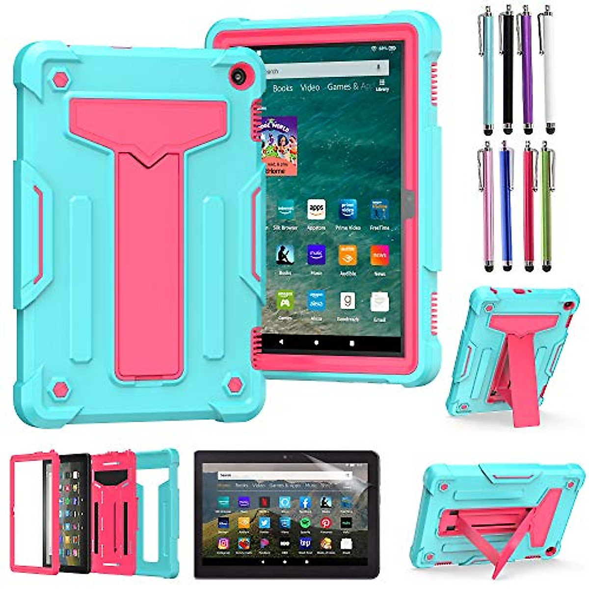 EpicGadget Case for Amazon Fire HD 8 / Fire HD 8 Plus (12th Generation, 2022 Released) - Heavy Duty Hybrid Protective Case Cover with Kickstand + 1 Screen Protector and 1 Stylus (Teal/Pink)