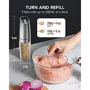 FORLIM Electric Salt and Pepper Grinder Set, Upgraded 9 Oz Large Capacity, Battery Operated Automatic Pepper Grinder Set, Easy to Fill, One Hand Operation, Stainless Steel(Silver)