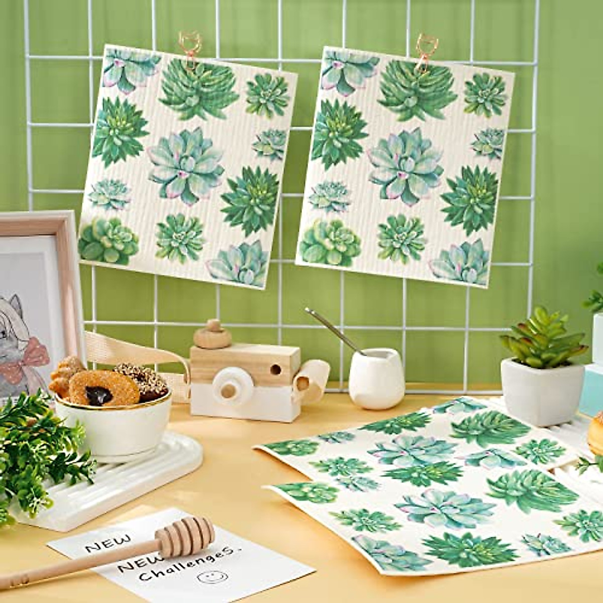 AnyDesign Succulent Swedish Dishcloth Green Mini Plants Absorbent Cotton Kitchen Towel Reusable Cleaning Dish Cloth for Spring Summer Party Home Housewarming, 7 x 8 Inch, 4 Pack