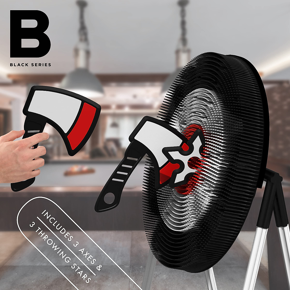 Black Series Axe Throwing Target Set, Includes 3 Axes & Bristle Target, Lightweight Plastic Axes with Blunted Edges, Safe for Indoor & Outdoor Use, Fun Party Activity Game