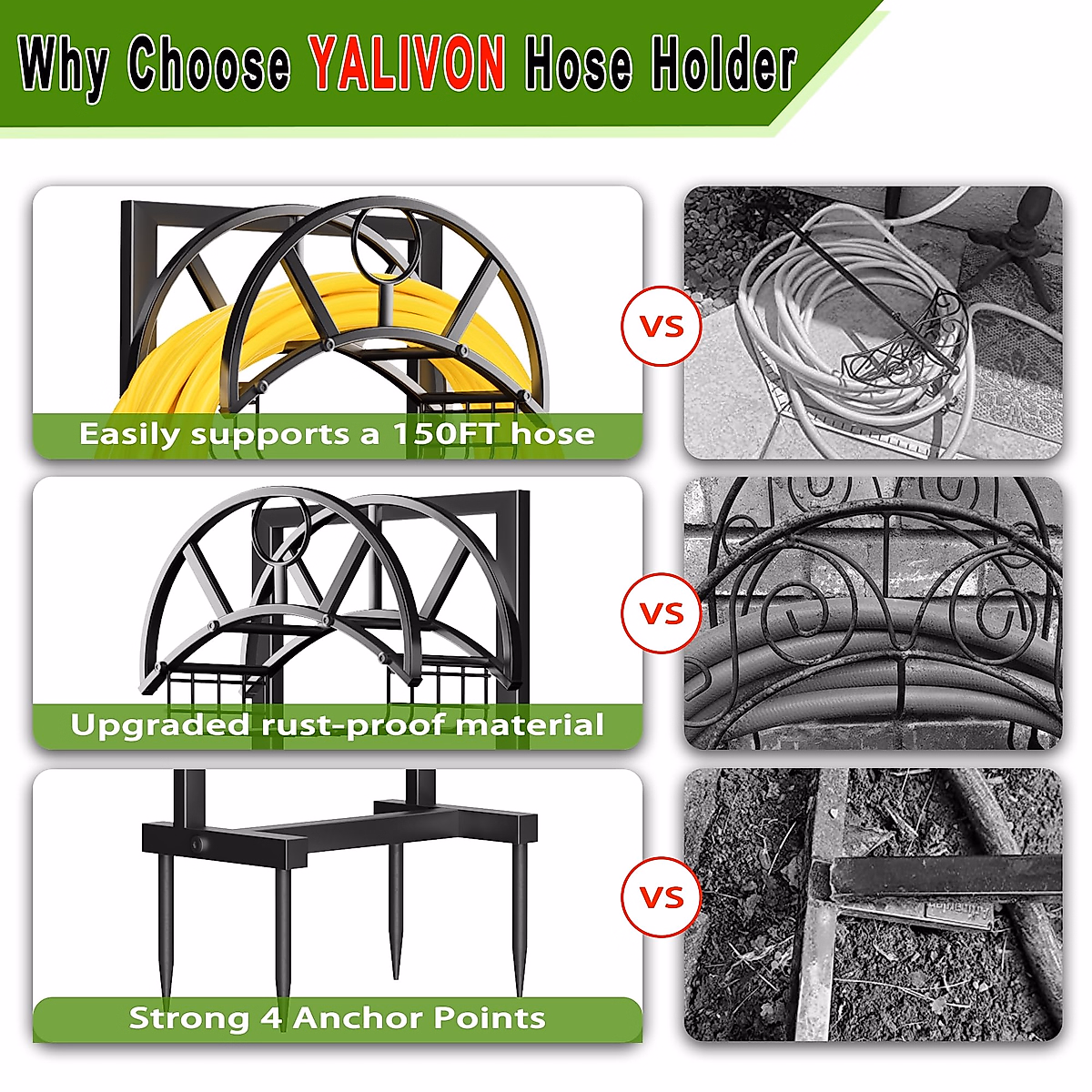 Yalivon Garden Hose Holder Freestanding, Water Hose Holder Stand Holds 160-Feet Hose, Heavy Duty Hose Stand Hose Hanger Outdoor Hose Organizer Sturdy Garden Hose Storage Rack for Outside