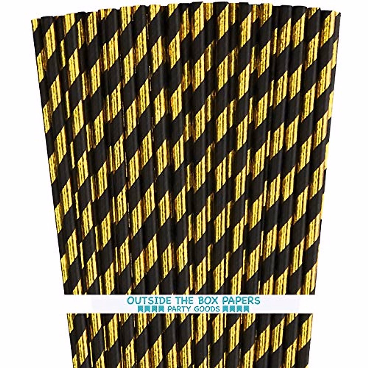 Black and Gold Foil Paper Straws - Striped - 7.75 Inches - 100 Pack Outside the Box Papers Brand