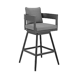 Menorca Outdoor Patio Swivel Bar Stool in Aluminum with Gray Cushions