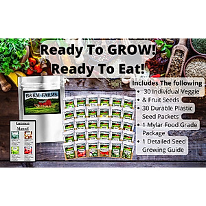 30 Vegetable & Fruit Seeds for Planting Your Outdoor & Indoor Home Seed Garden, Survival Gear Kit Includes 7600 Seeds, A Growing Guide & Mylar Package Gardening Heirloom Non-GMO Veggie Seed B&KM Farms