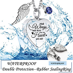 Heart Urn Necklace for Ashes with 12 Birthstones, Cremation Ashes Jewelry Keepsake with Angel Wing - Your Wings were Ready, But My Heart was Not (Your Wings were Ready)
