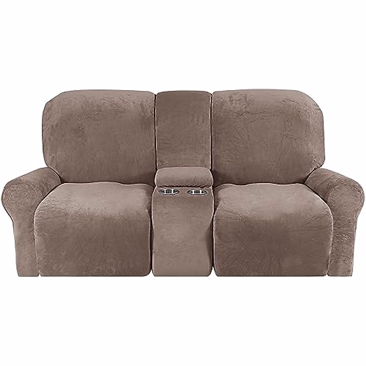 cjc Reclining Loveseat with Middle Console Slipcover, 8-Piece Velvet Stretch Loveseat Reclining Sofa Covers, 2 seat Loveseat Recliner Cover, Thick, Soft, Washable, Loveseat Slipcovers(Taupe)