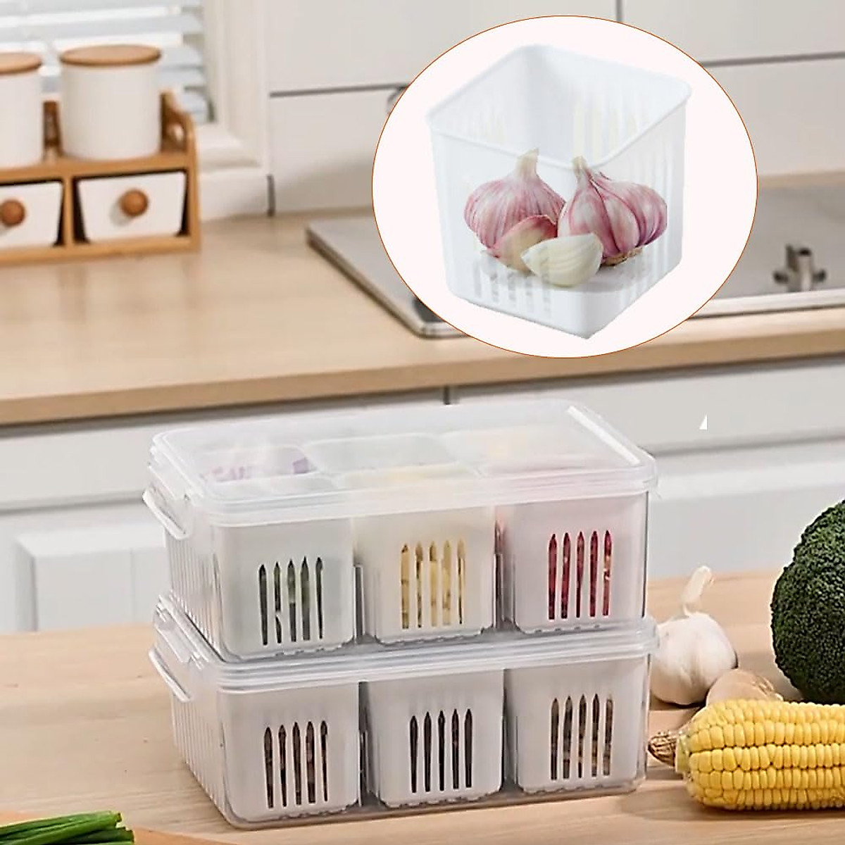 Rxsdeni Salad Bar Containers for Fridge,Reusable Kitchen Scallion Storage Box,Fresh Keep Container,Clear Berry Containers with Removable Dividers,for Ginger Scallion Fruit Lettuce Vegetables Meat