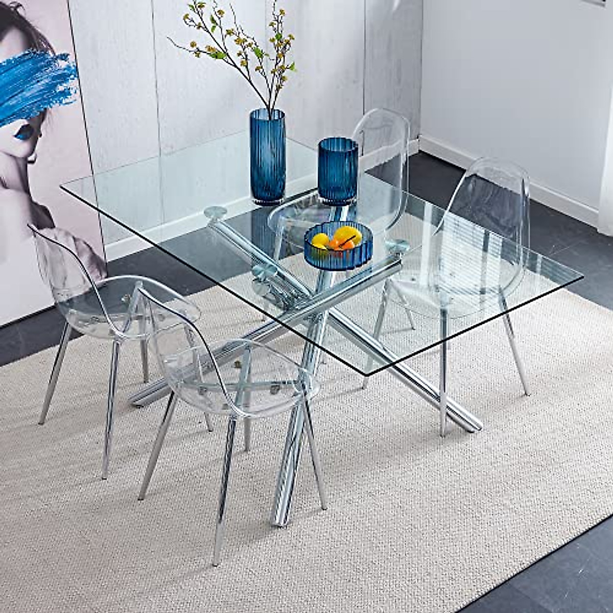 Yoluckea Crystal Clear Dining Chairs Set of 4, Modern Plastic Shell Kitchen Chairs Accent Ghost Chairs with Metal Legs for Kitchen, Dining, Living, Guest, Bed Room (Silver Frame)