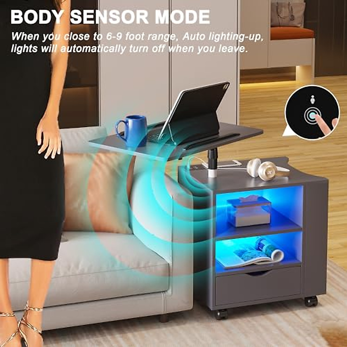 HNEBC LED Nightstand with Wireless Charging Station,Grey Nightstand Has Adjustable Rotary Table,Bedside Tables with One Drawer and 2 Mezzanines/Infrared Induction 3 Color Lighting (On The Right)