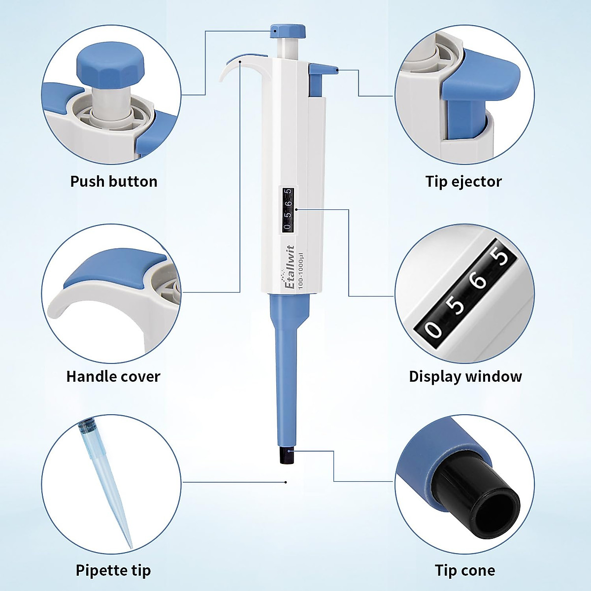 Etallwit Single Channel Pipette with Adjustable Variable Volume, High Accurate Manual Micropipette for Lab, 1000-5000ul