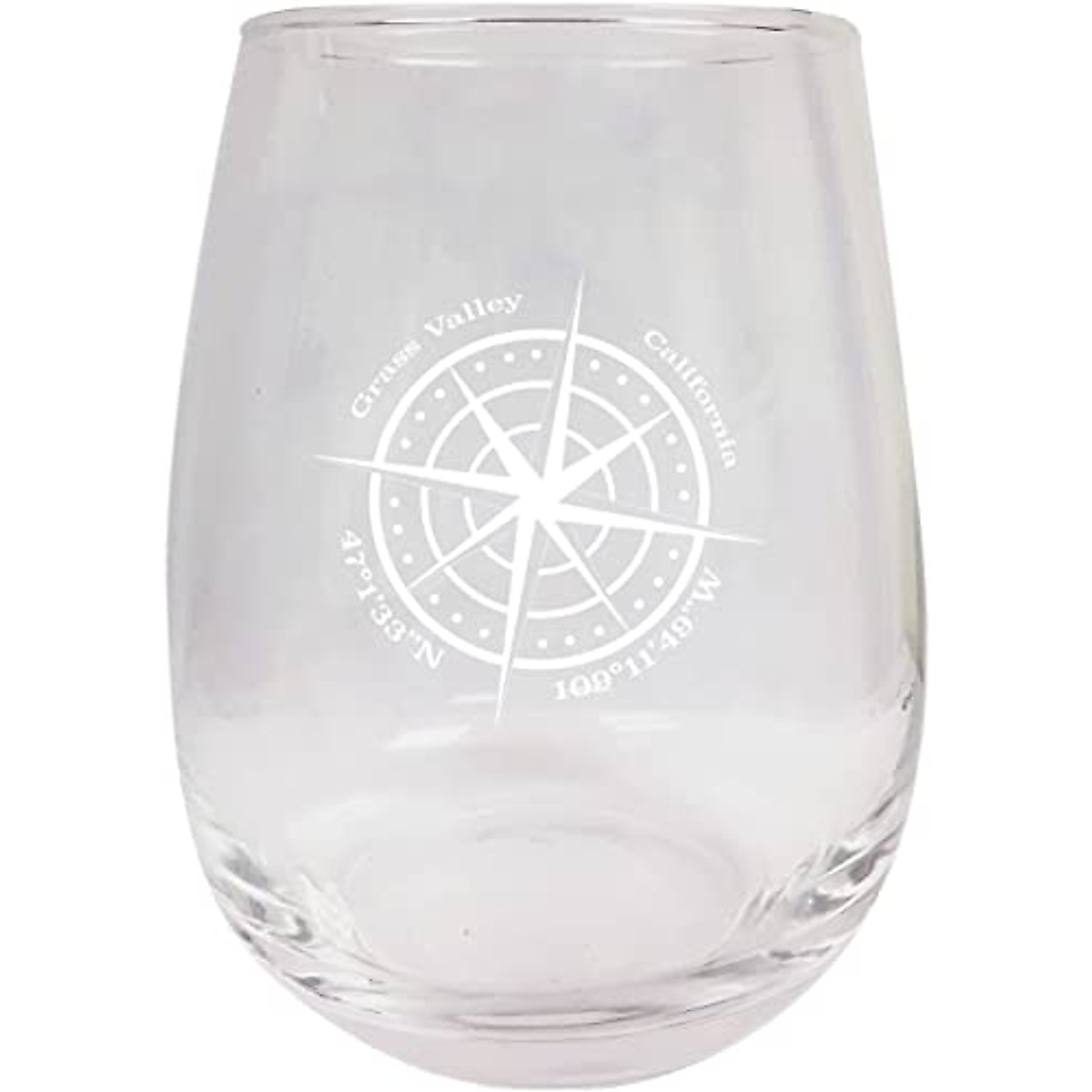 R and R Imports Grass Valley California Souvenir 15 Ounce Laser Engraved Stemless Wine Glass Compass Design 2-Pack
